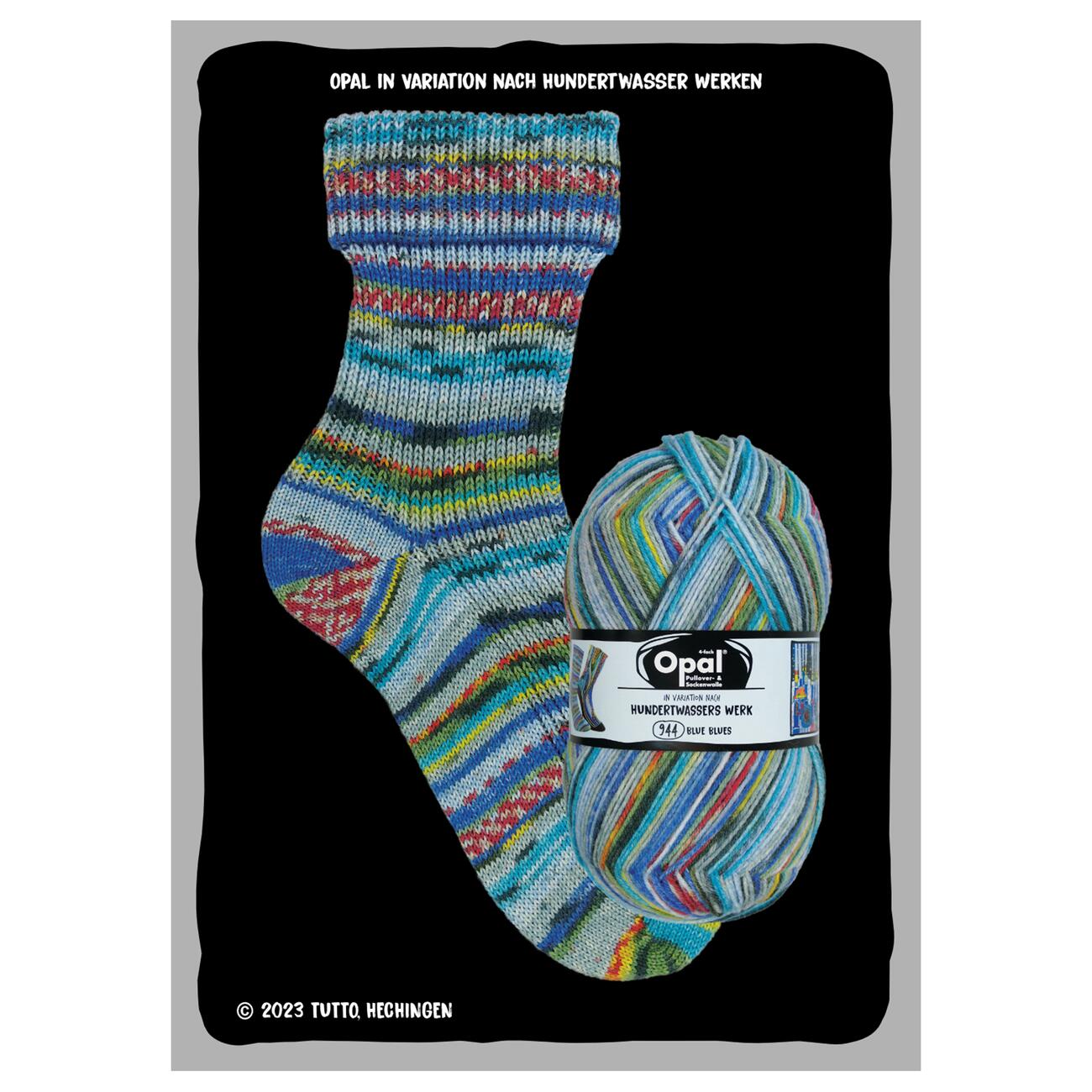 Pullover- und Sockenwolle 4-fach in Variation nach Hundertwasser-Werken von Opal, 16 versch. Farben